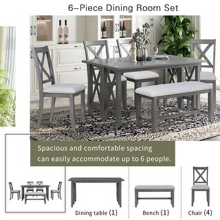6-Piece Wood Gray Dining Set, Foldable Table with 4 Chairs & Bench ...
