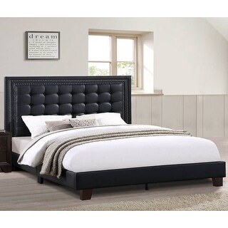 Faux Leather Upholstered Bed with Button Tufted Headboard, Black - Bed ...