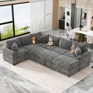 Grey 112.2" L-shaped Convertible Sleeper Sectional Sofa with Pull-out ...