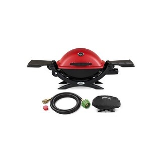 Weber Q1200 Liquid Propane Grill (Red) w/ Adapter Hose & Grill Cover ...
