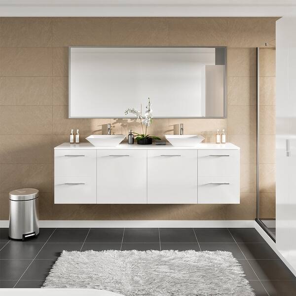 Luxy 72" White Double Vessel Sink Bath Vanity with Quartz Top - Bed ...