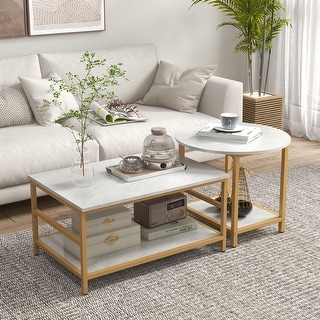 HOMCOM Coffee Tables Set of 2, 2-Rier Rectangle and Round Coffee Table ...