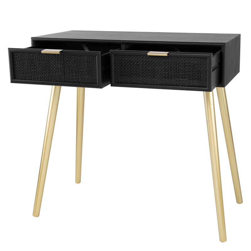 Pia 32 Inch Wood Console Table, 2 Drawers, Woven Rattan Design, Black ...