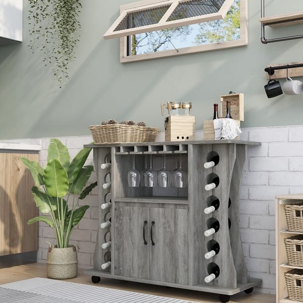DH BASIC Vintage Grey Oak Mobile Buffet Bar Table with Wine Storage by ...