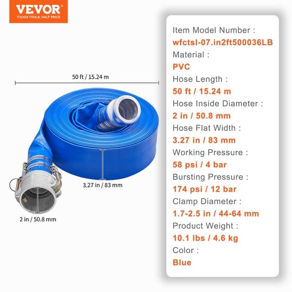 VEVOR Backwash Hose 2 in x 50 ft PVC with Aluminum Camlock C & E ...