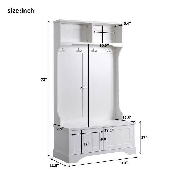White Hall Tree Entryway Bench with Shelves Cabinet and Four Hooks ...