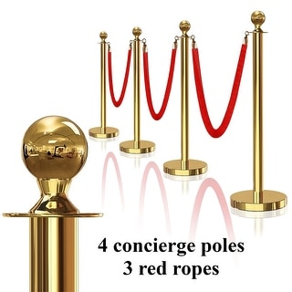 4 Stainless Steel Stanchion Posts w/3 Red Velvet Ropes,Gold Ball Top ...