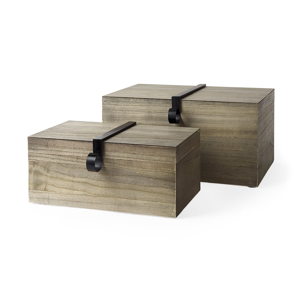 Set of Two Brown Wooden Boxes with Metal Detailing - 12"W x 16"D x 8"H ...