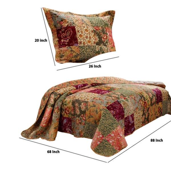 Kamet 2 Piece Fabric Twin Size Quilt Set with Floral Prints, Multicolor ...