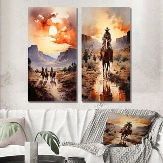 Designart "Cowboy Chasing The Sunset" Cowboys Wall Art Set Of 2 Yellow ...