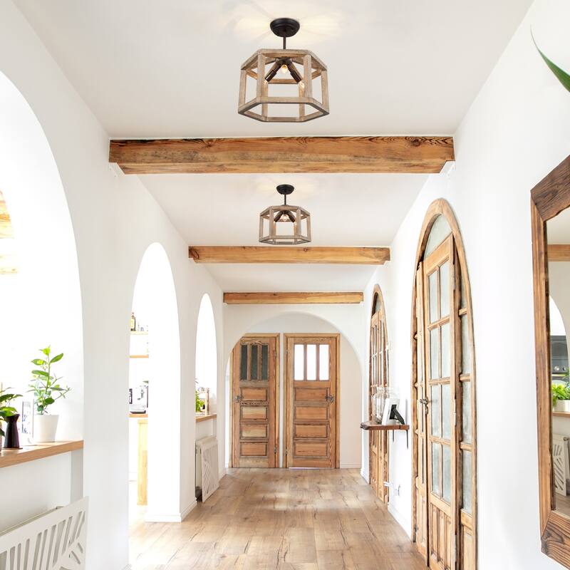 Modern Farmhouse 3-Light Geometric Wood Semi Flush Mount Ceiling Light ...