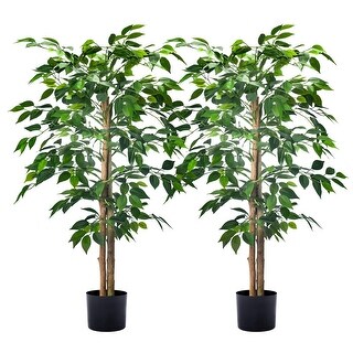 2Packs 4FT Artificial Ficus Trees with Realistic Leaves and Natural ...