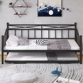 Full Size Metal Daybed with Twin Size Adjustable Trundle, Portable ...