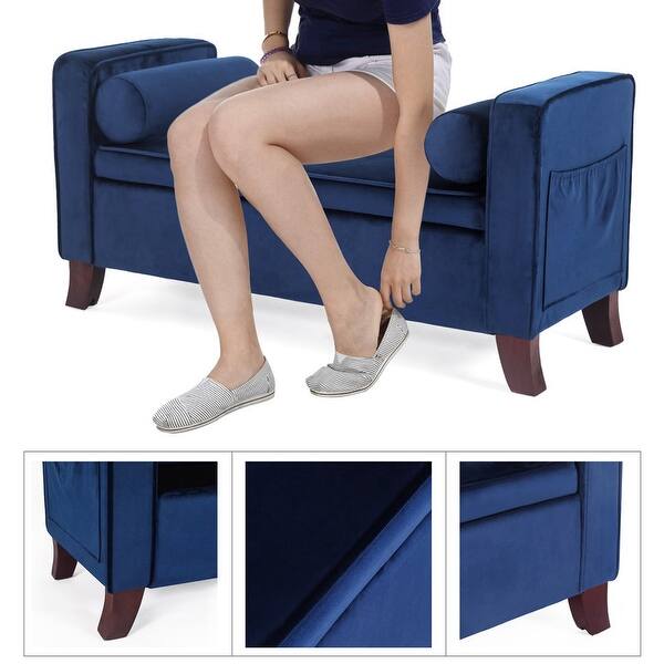 Adeco Velvet Armed Storage Ottoman Bench Footrest Stool With Two