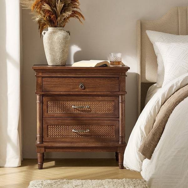Nina Transitional Solid Wood 3-Drawer Nightstand with Woven Rattan ...