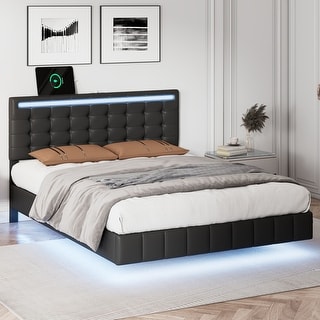 Full Size Floating Bed Frame with LED Lights Platform LED Bed Frame ...
