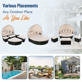 Beige Round Sunbed with Retractable Canopy, Outdoor Rattan Daybed with ...