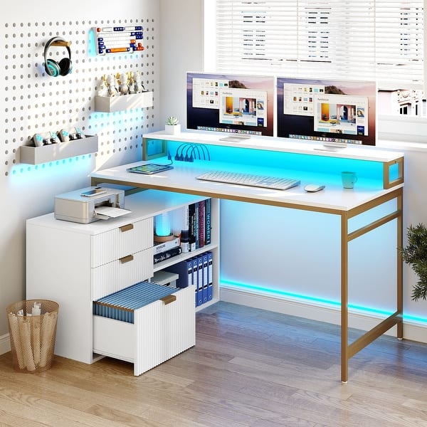 Moasis L Shaped LED Light Office Gaming Desk with Power Outlets and ...