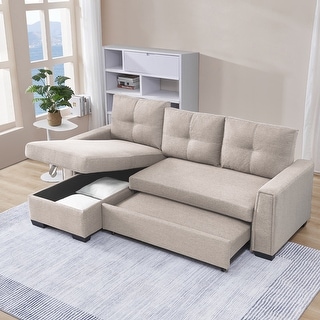 Pull-Out L-Shape Fabric Convertible Reversible Sectional Sofa with ...