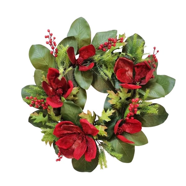 24" Red Magnolia Wreath - Faux Red Magnolia - Bed Bath & Beyond - 35175285