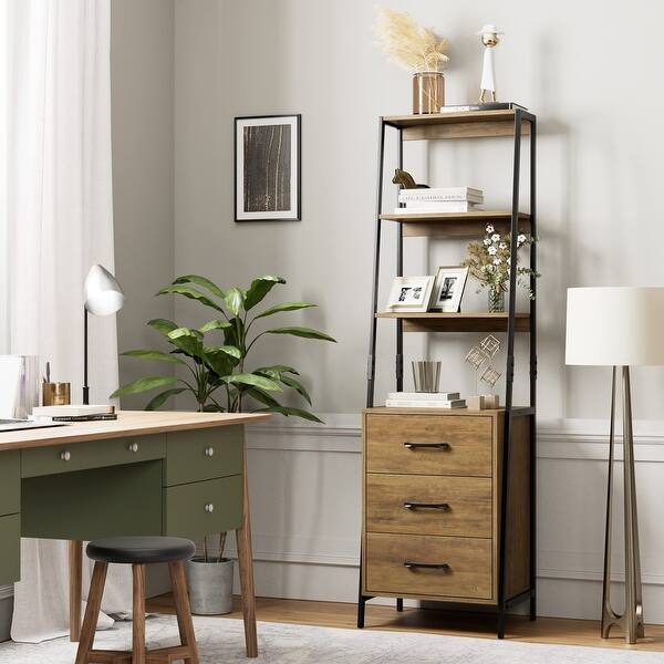 4-Tier Bookshelf, Tall Bookcase with 3 Wooden Drawers, Modern Ladder ...