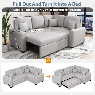 L-Shape Sectional Sofa with Pull-out Sleeper Sofa Bed, USB Charging Port and Plug Outlet, Couch ...