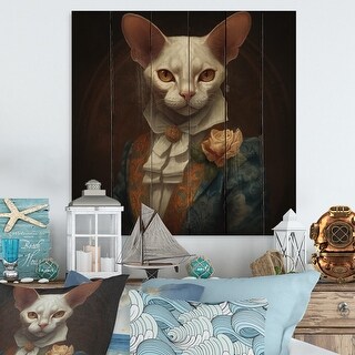 Designart "White Fancy Cat" Animals Cat Print on Natural Pine Wood ...
