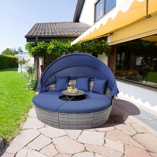 Gymax Outdoor Round Daybed w/ Retractable Canopy & Side Table Backyard ...