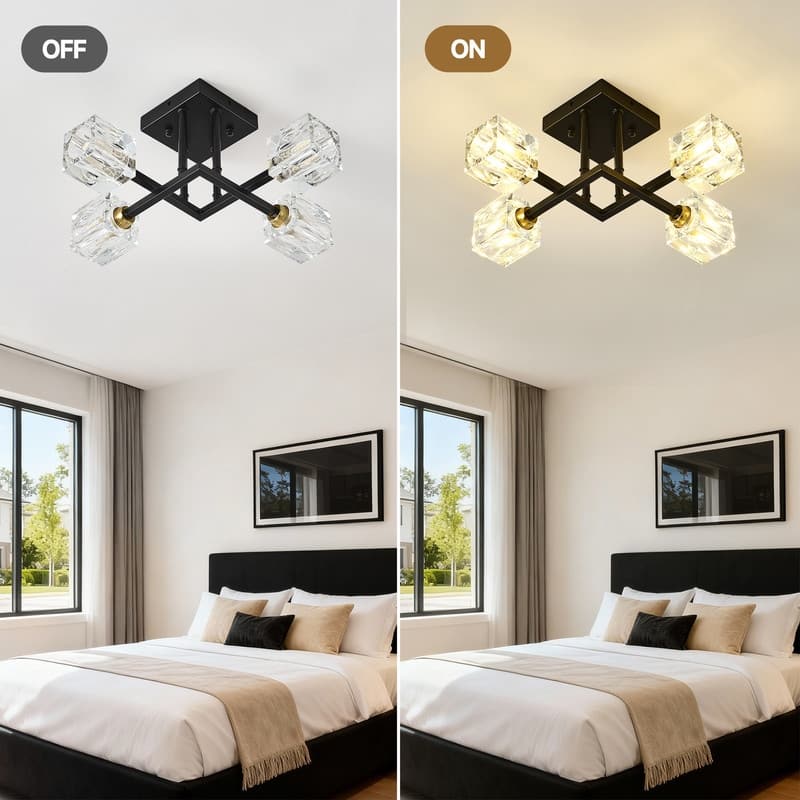 4-Light Modern Crystal Pendant Light, Black Flush Mount Low Profile ...