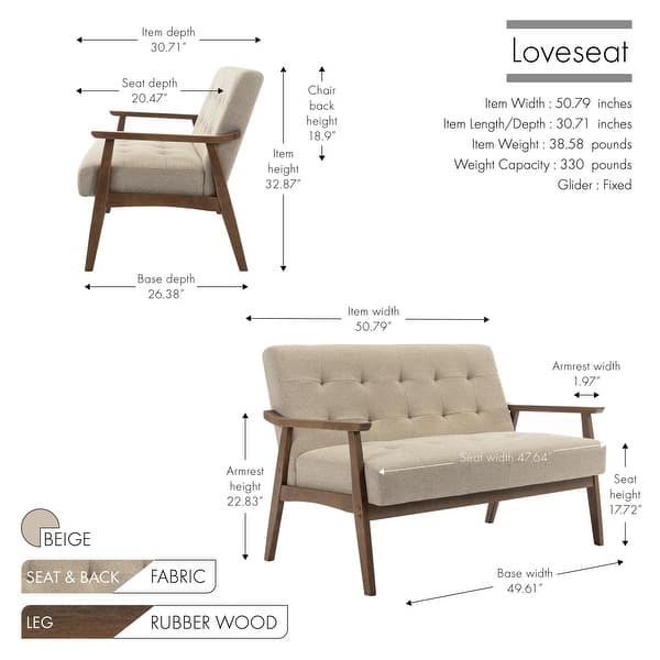 Porthos Home Mabel Fabric Loveseat Small Couch Sofa with Rubberwood ...
