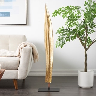 Gold Polystone Slim Abstract Leaf Sculpture with Black Metal Stand ...