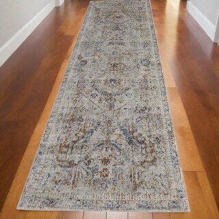 HomeRoots 10' Tan and Red Floral Power Loom Distressed Non Skid Runner ...