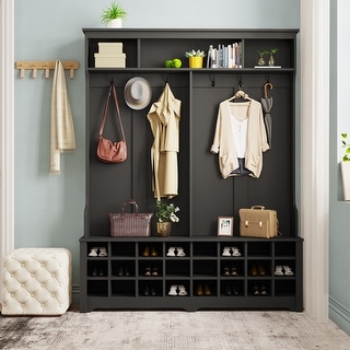 60" Wide Hall Tree with Metal Hooks and 24 Shoe Cubbies - Bed Bath ...