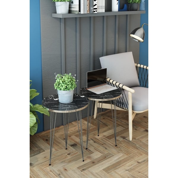 Set of 2 High Gloss Black Marble Silver Legs End Tables Round Wood ...