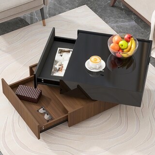 Black + Dark Walnut Multi-functional Square 360° Rotating 2-Tier Coffee ...