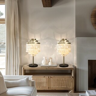 3-Light 28'' Modern Coastal Aged Brass Natural Capiz Shell Tiered Table ...