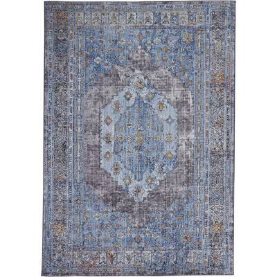 4' X 6' Blue Gray And Gold Floral Stain Resistant Area Rug - 3'6" - Bed ...