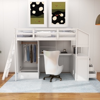 Loft Bed with Wardrobe and Drawers, attached Desk with Shelves - Bed ...