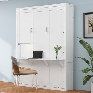 Queen Murphy Bed Fold Wall Bed Flipping Bed with Desk, Cabinet, White ...