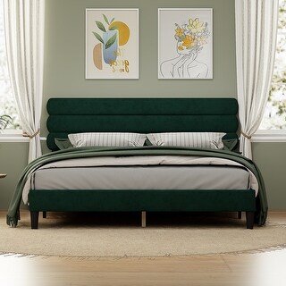 Green King Velvet Platform Bed with Headboard and Slat Support - Bed ...