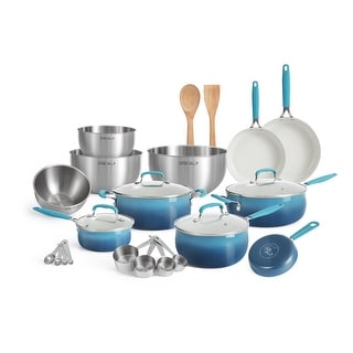 25 Piece Ceramic Nonstick Aluminum Easy Clean Cookware Set, Ombre Teal ...