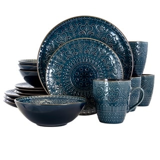 Intricate Emobssed Pattern in Deep Blue Round Stoneware Dinnerware Set ...
