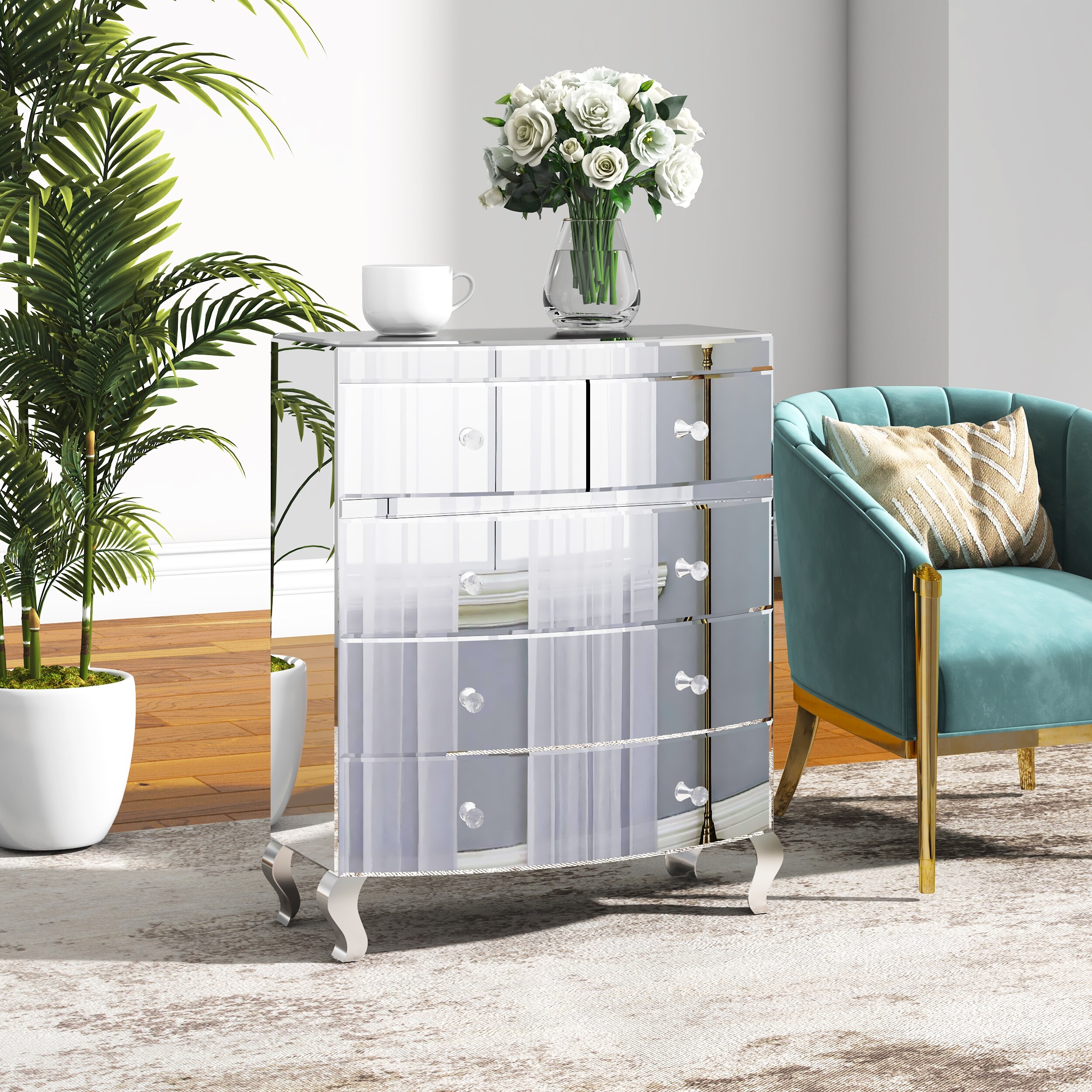 Phoebe round 5 drawer mirrored chest store