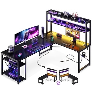 L Shaped Gaming Desk with Hutch & Power Outlets & LED Strip & Monitor ...