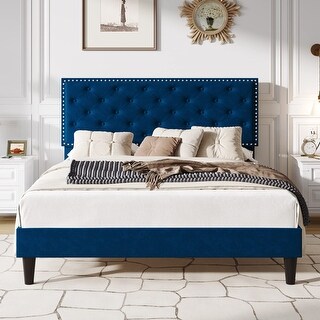 Full Size Velvet Bed Frame, Upholstered Platform Bed with Adjustable ...