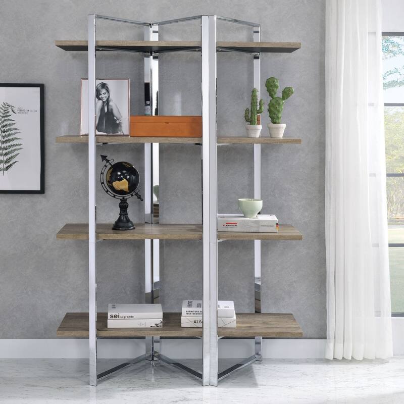 Bookshelf with 4 Wooden Fixed Shelves in Chrome Finish - Overstock ...
