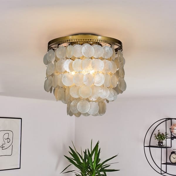 3-Light 13" Indoor Capiz Shell Flush Mount Ceiling Light Coastal ...