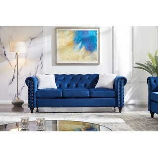 Blue Velvet Chesterfield 3-Seater Sofa with Button Tufting and Circular ...