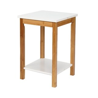 Double Layer Bamboo Side Table Rectangular White Table Top Natural Wood ...