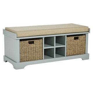 Dio 42 Inch Storage Bench, Cushioned Top, 2 Wicker Baskets, Gray, Beige ...